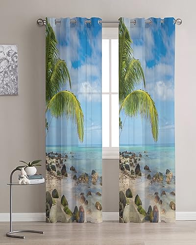 Sheer Curtains 1 Panel,Palm Tree Beach Sea Cloud Blue Sky Island Reef Stone Chiffon Window Treatment Grommet Semi Transparent Drapery for Kitchen Bedroom Decorations,52x96 Inch