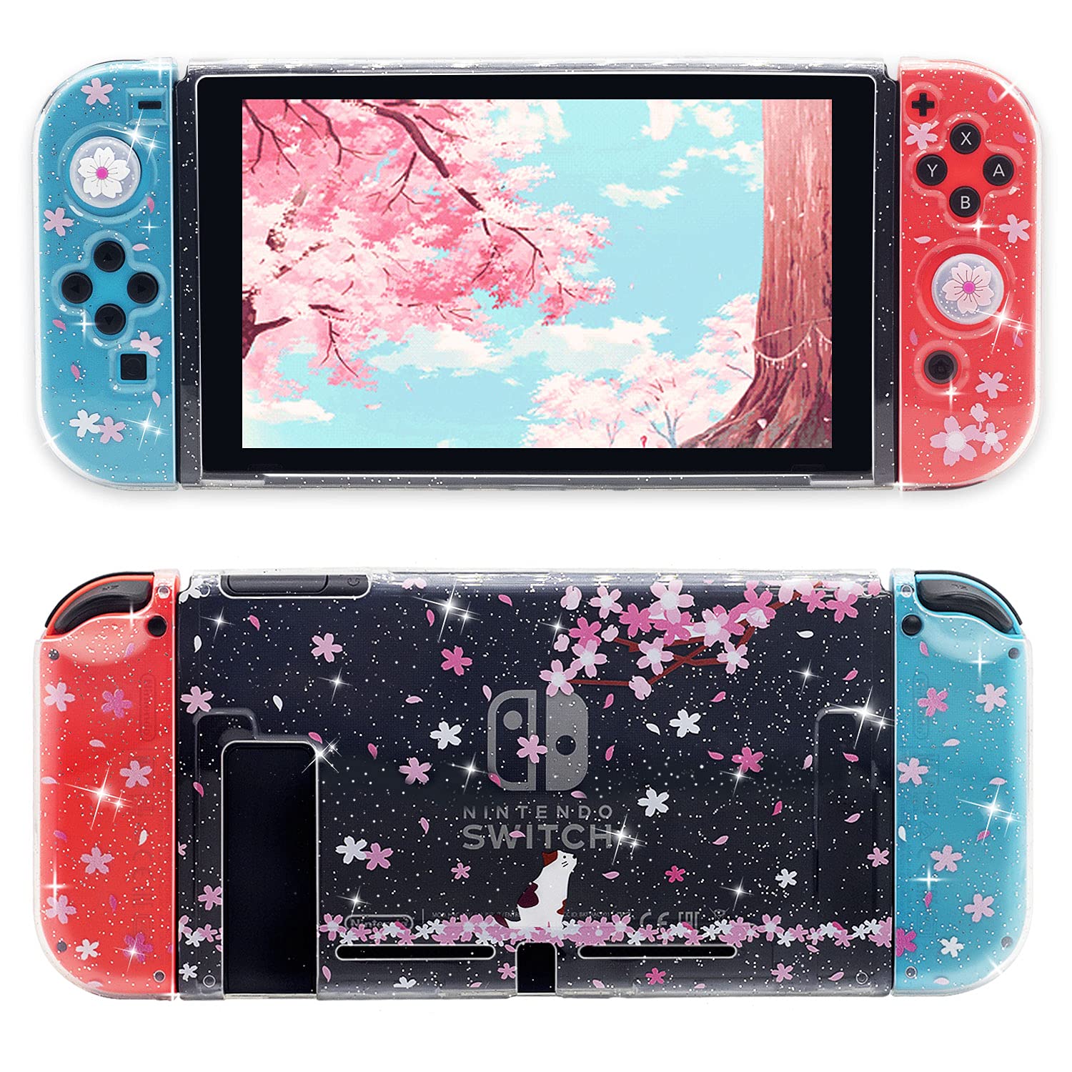 Kawaii Glitter Clear Case for Nintendo Switch,BRHE Soft TPU Dockable Protective Cover Cute Cat Bling Skin for Girls with Screen Protector Thumb Grips – Cherry Blossom Pink
