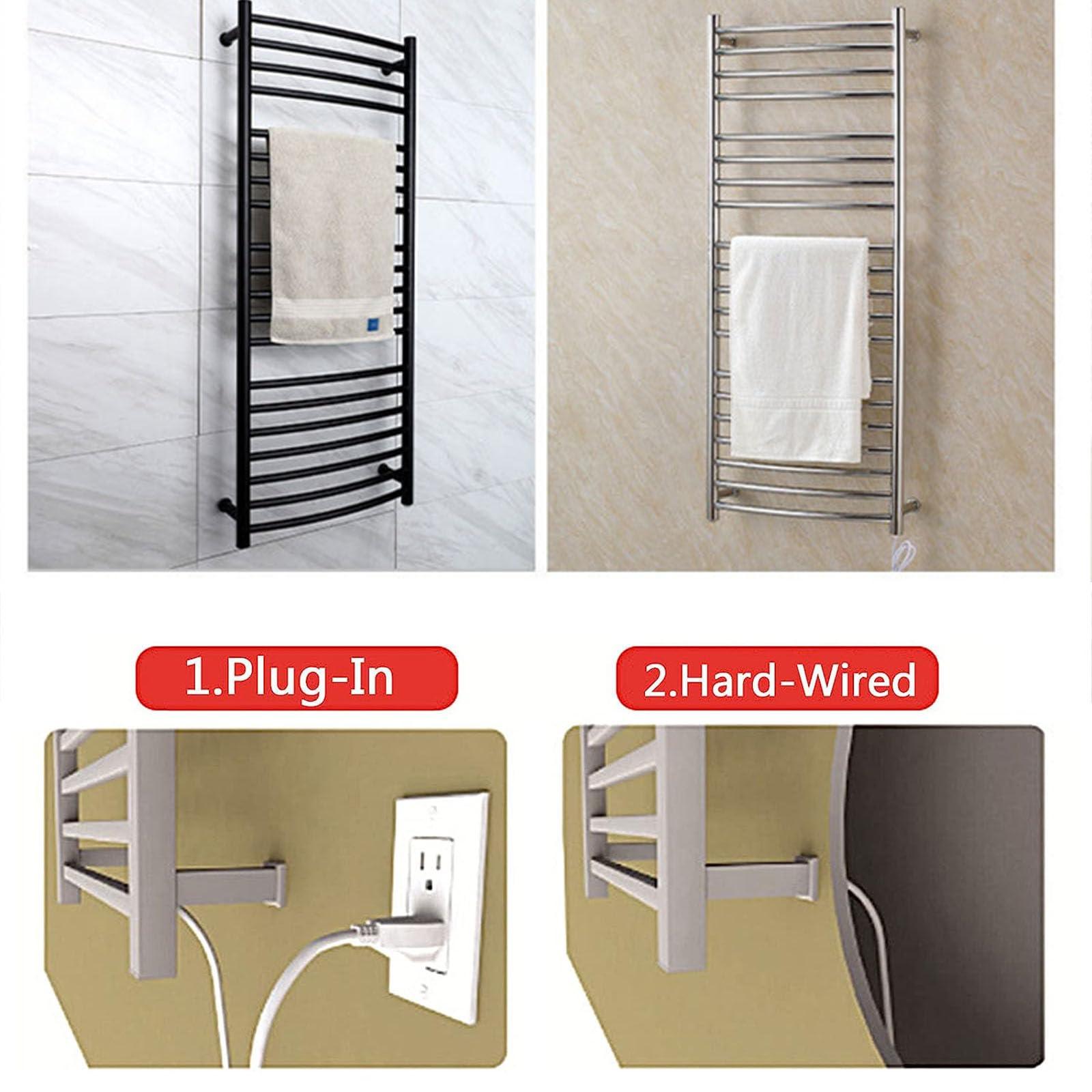 Wall Mounted Heated Towel Rack for Oversized Towels Bathrobes and Blankets,Fast Heating Heated Drying Rack,Towel Warmer Stainless Steel,Black,Plug in Left (Silver Hard Wired)