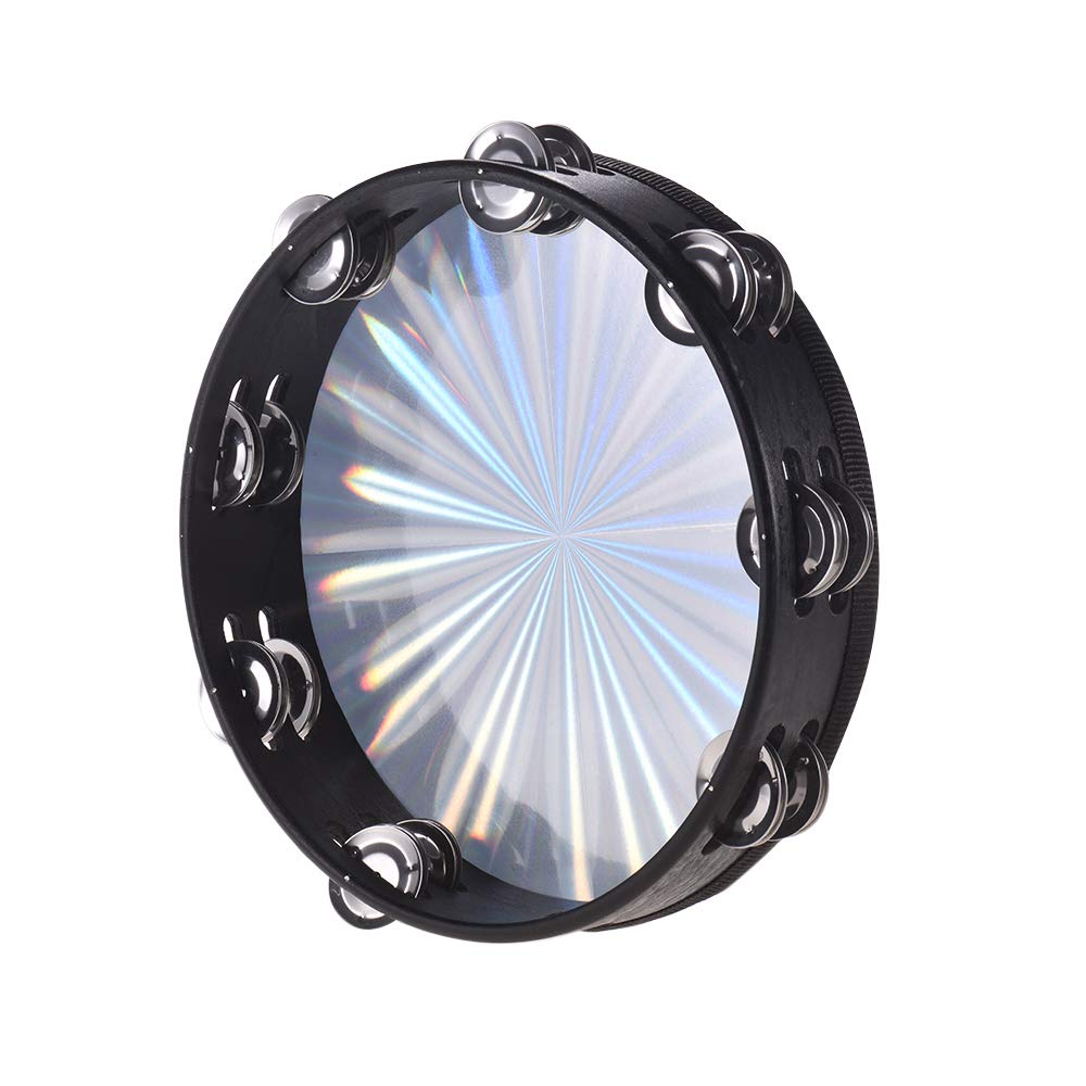 Mowind Tambourine Radiant 10 Inch Hand Held Drum with Double Row Jingles Reflective Drum Musical Instrument for Games KTV Party