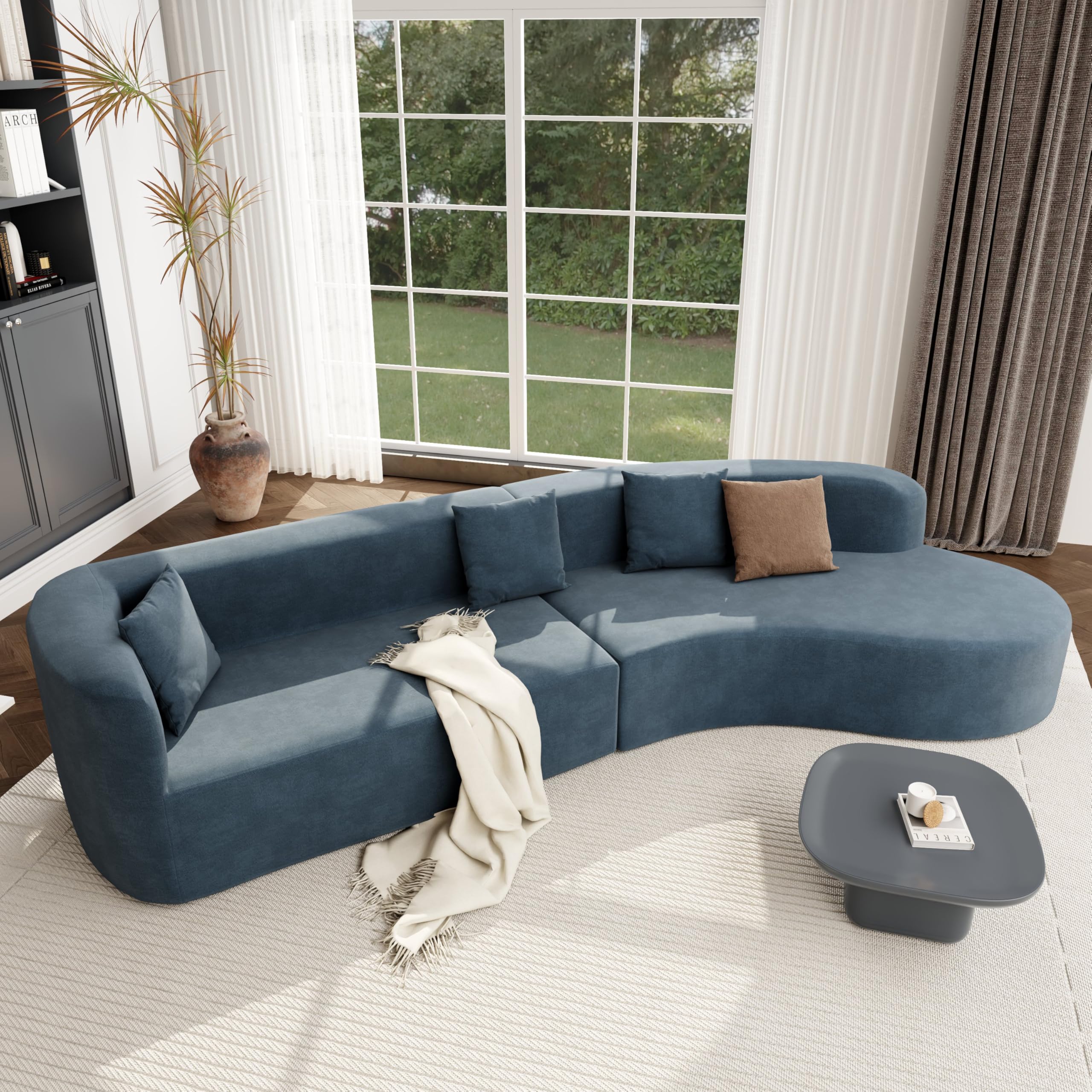 WILLIAMSPACE 126" Sectional Curved Sofa Couch, Modern Upholstery Cloud Couch with 3 Pillows, Floor Foam 5 Seater Sofa for Living Room Apartment, No Assembly, Chenille (Right-Facing, Beige)
