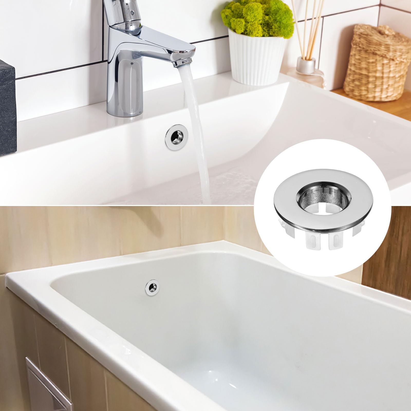 uxcell 3pcs Sink Overflow Rings, Bathroom Kitchen Basin Trim Bath Sink Hole Round Hollow Brass Overflow Drain Cover Insert in Hole (Silver Tone)