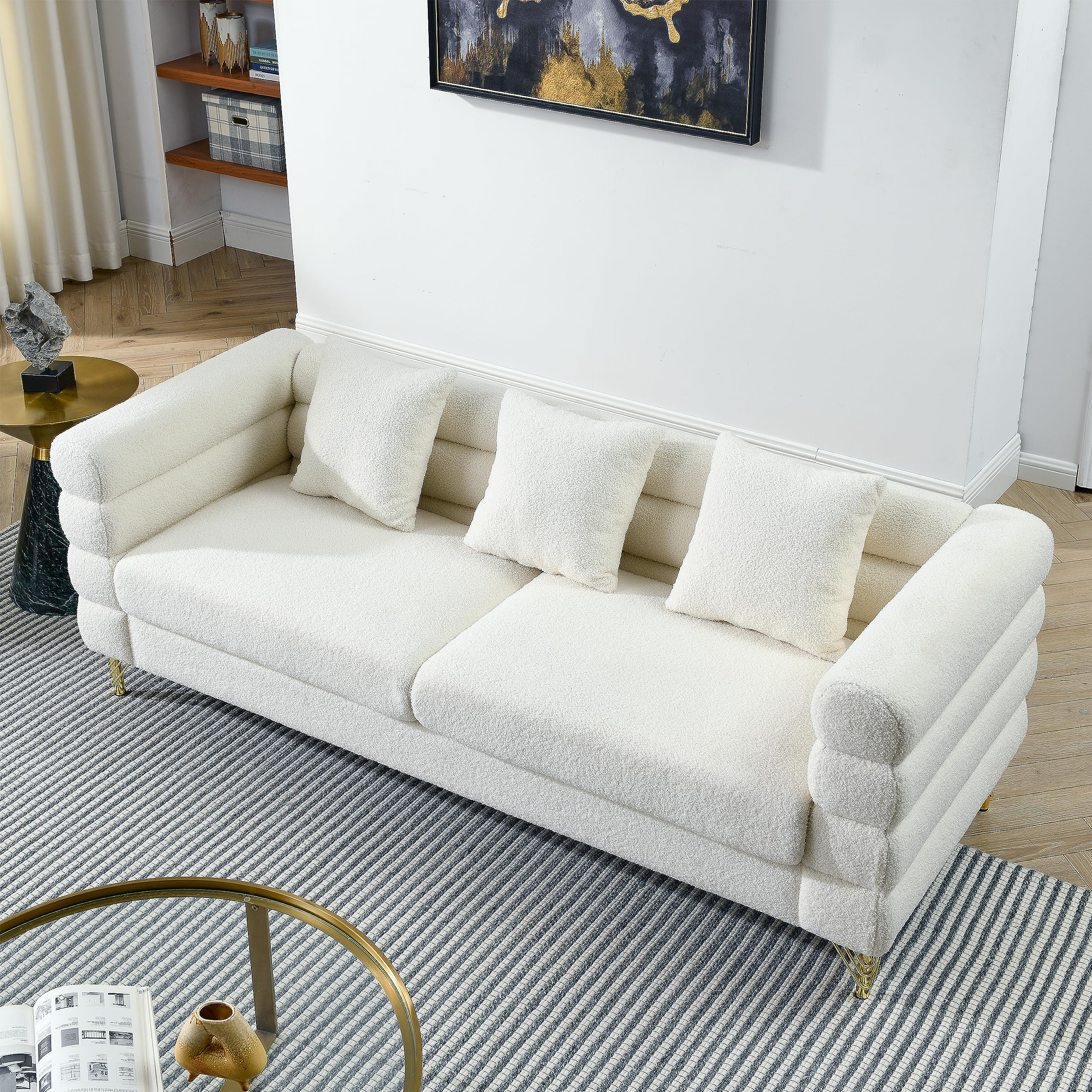 KATBOC Sofa Oversized 3 Seater Sofa 81-inch Modern Living Room Sofa Couch Teddy Fabric Upholstered Sofa Deep Seat Couch with 3 Pillows for Living Room Bedroom (White)