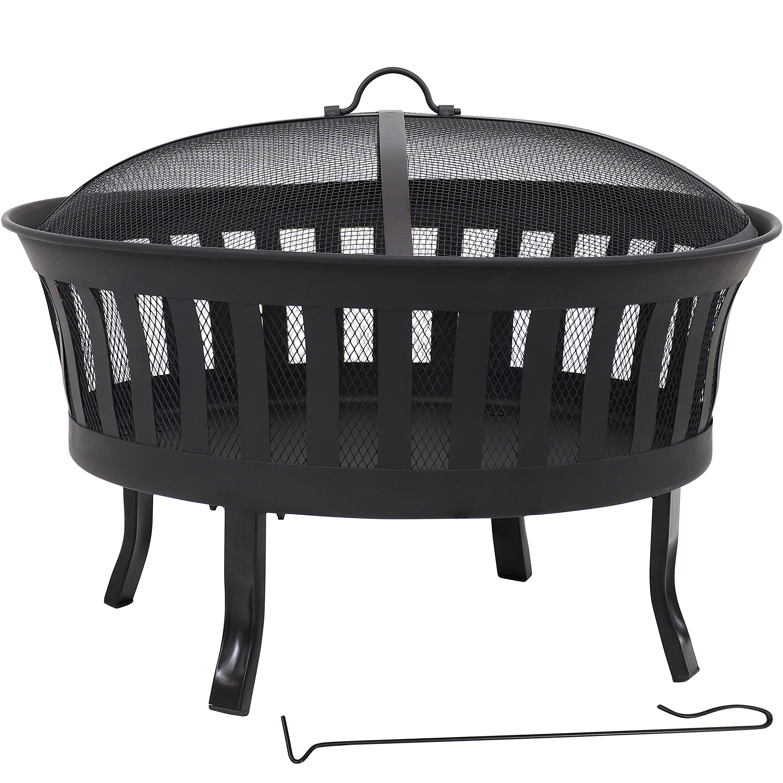 Sunnydaze 25-Inch Steel Wood-Burning Fire Pit with Mesh Stripe Cutouts - Includes Poker and Spark Screen