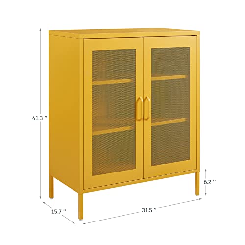 SPACEROCK Storage Cabinet Kitchen Buffet Pantry 40β Stylish Metal Pantry Cabinet with 2 Mesh Doors, Suitable for Office, Dining Room, Living Room, Yellow