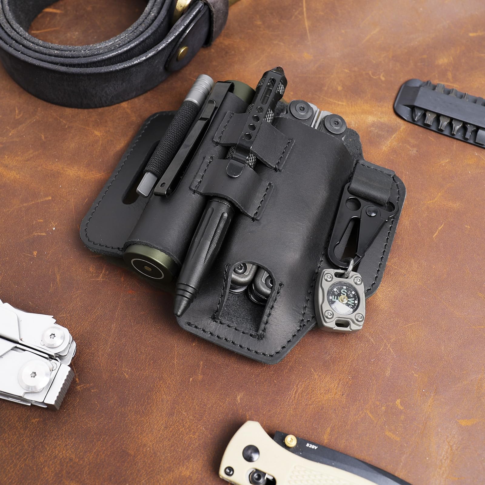 Topstache Multitool Sheath for Belt - EDC Belt Organizer - Leather Multitool Holster with Flashlight Holder, Elastic Band Pen Holder and Keychain Clip - Multitool Holder - Multitool Pouch, Black