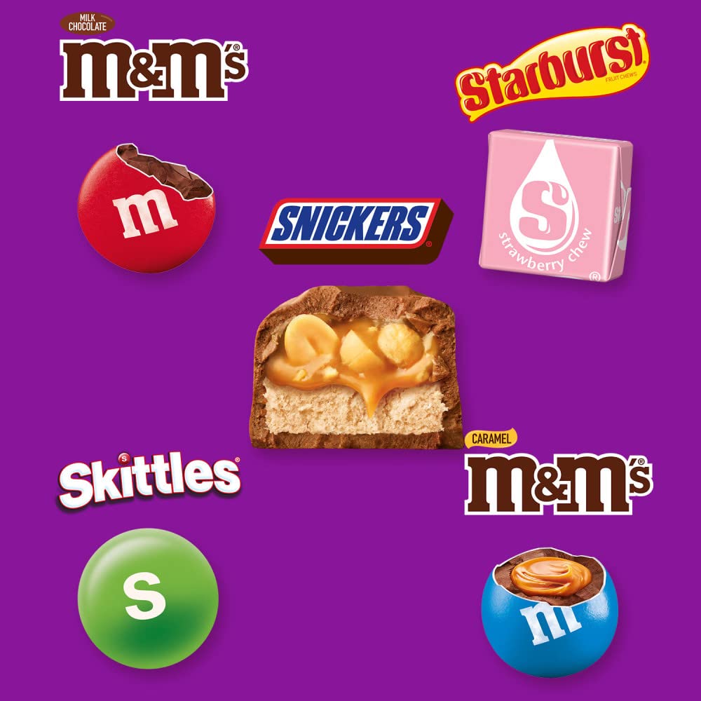 M&M'S Milk Chocolate, M&M'S Caramel, SNICKERS, SKITTLES & STARBURST Individually Wrapped Bulk Variety Pack Candy Assortment, 45.69 oz, 90 Pieces Bag