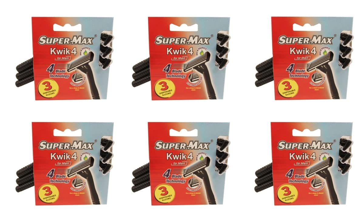 Super Max Kwik 4 Razor Blades For man. 3 Disposable razors (6 packs) (total of 18 single razors)