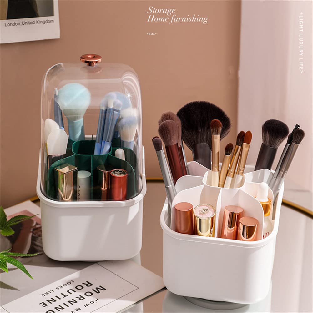 Srutirbo Makeup Brush Holder 360 Degree Rotating Brush Organizer with Clear Lid, Brush Storage Box Dust Proof Makeup Organizer for Bathroom, Vanity, Makeup Container (Square White)