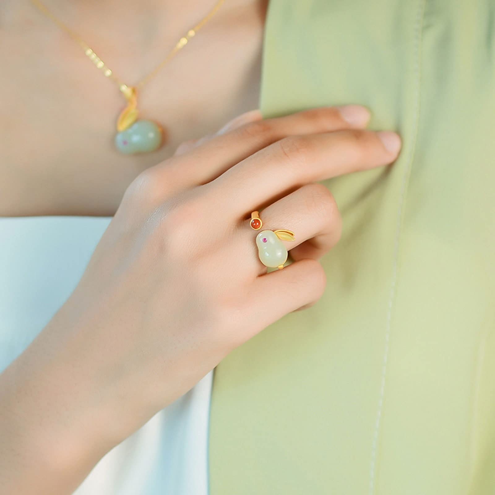 NICSY Jade Rabbit Ring, Chinese New Year Rabbit Ring, Niche Design Premium Feel, Light Luxury Chinese Style Cute Cute Rabbit, Adjustable Open Ring