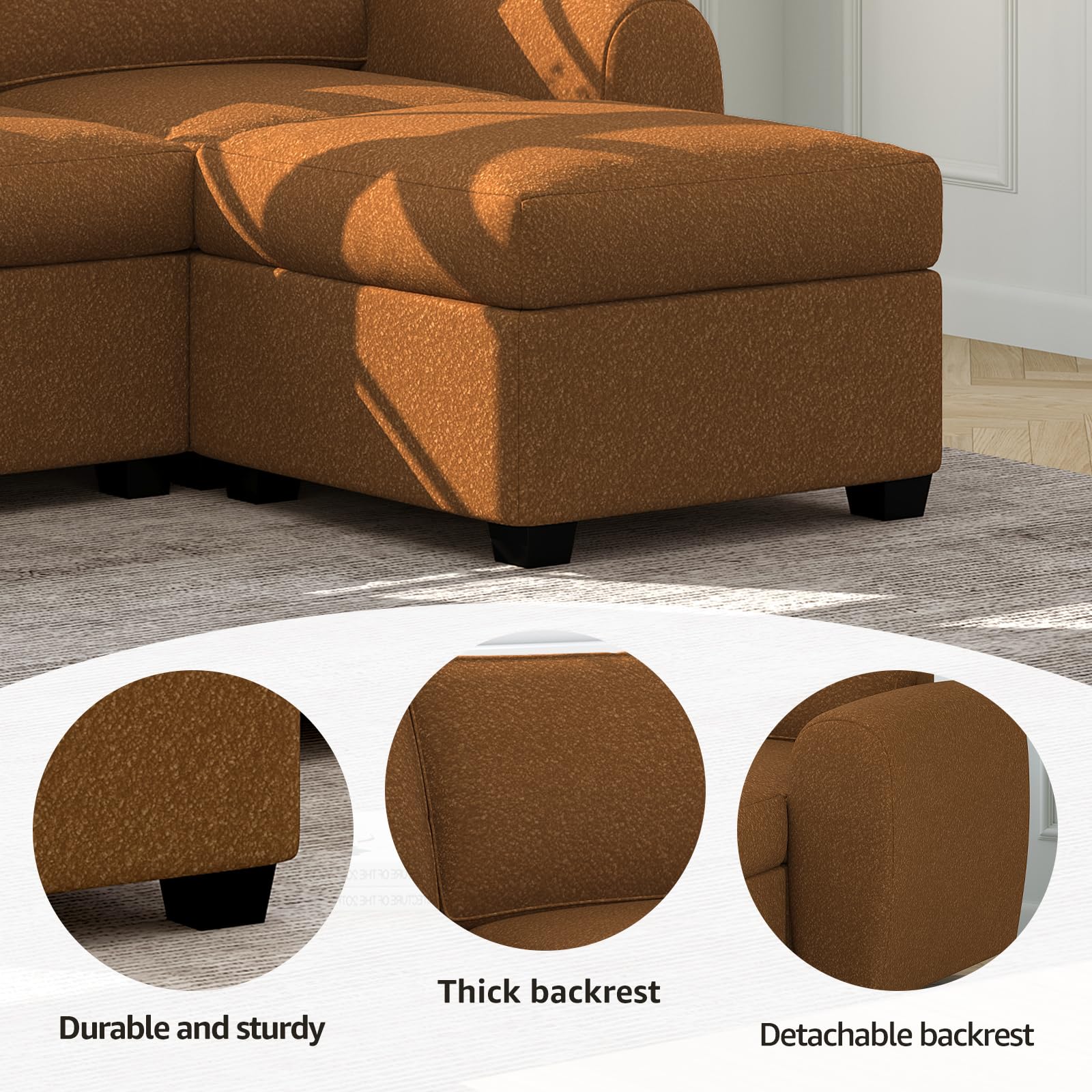 Wimarsbon Reversible Storage Modular Sofa,Modern Sectional Sofa Couch, Luxury Teddy Velvet Sofa Set with Ottomans for Living Room/Lounges (Brown, 6 Seats)