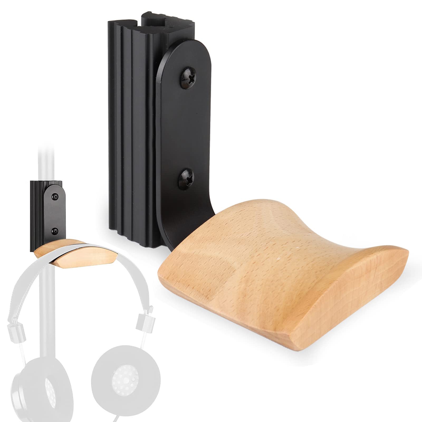 Mr.Power Universal Mic Stand Wooden Headphone Holder Headset Hanger on Microphone Stand for All Headphones Size