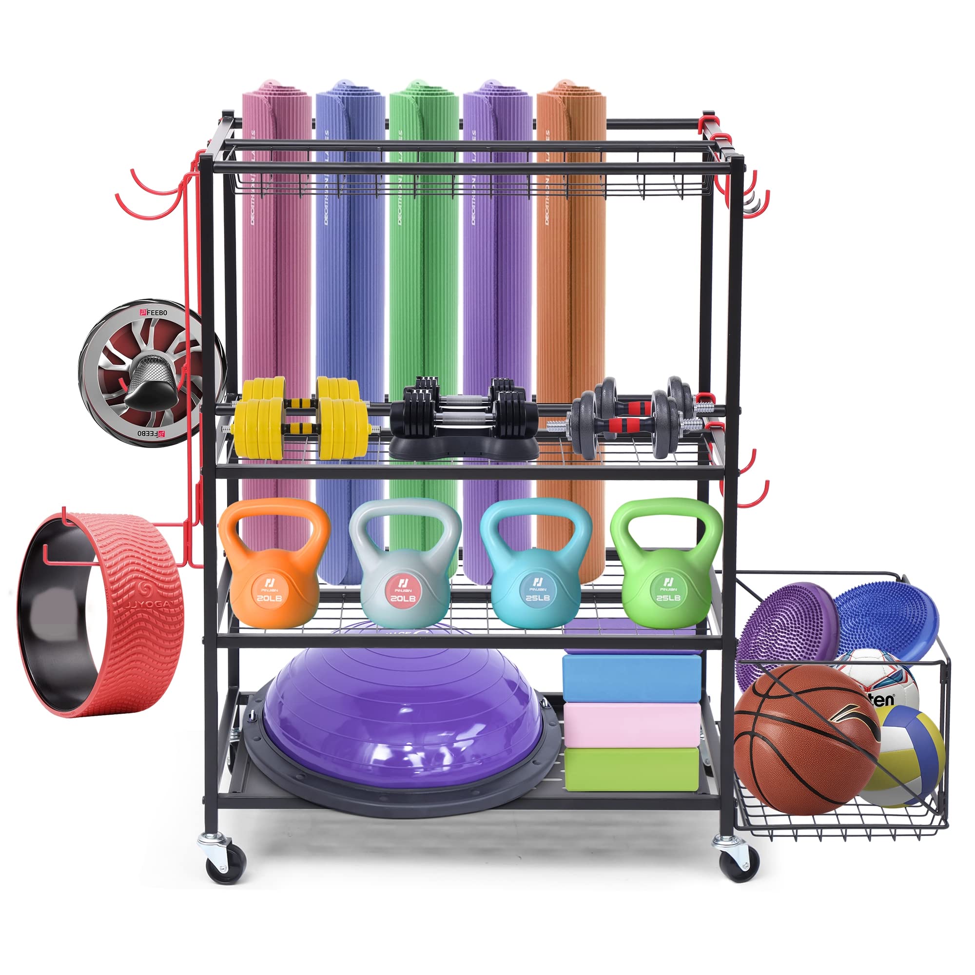 Nice C Outdoor Toy Storage, Garage Organization, Sports Equipment Organizer, Rolling Garage Storage System, Ball Storage Rack, Yoga Mat Storage with Hooks and Basket (4-Layer)