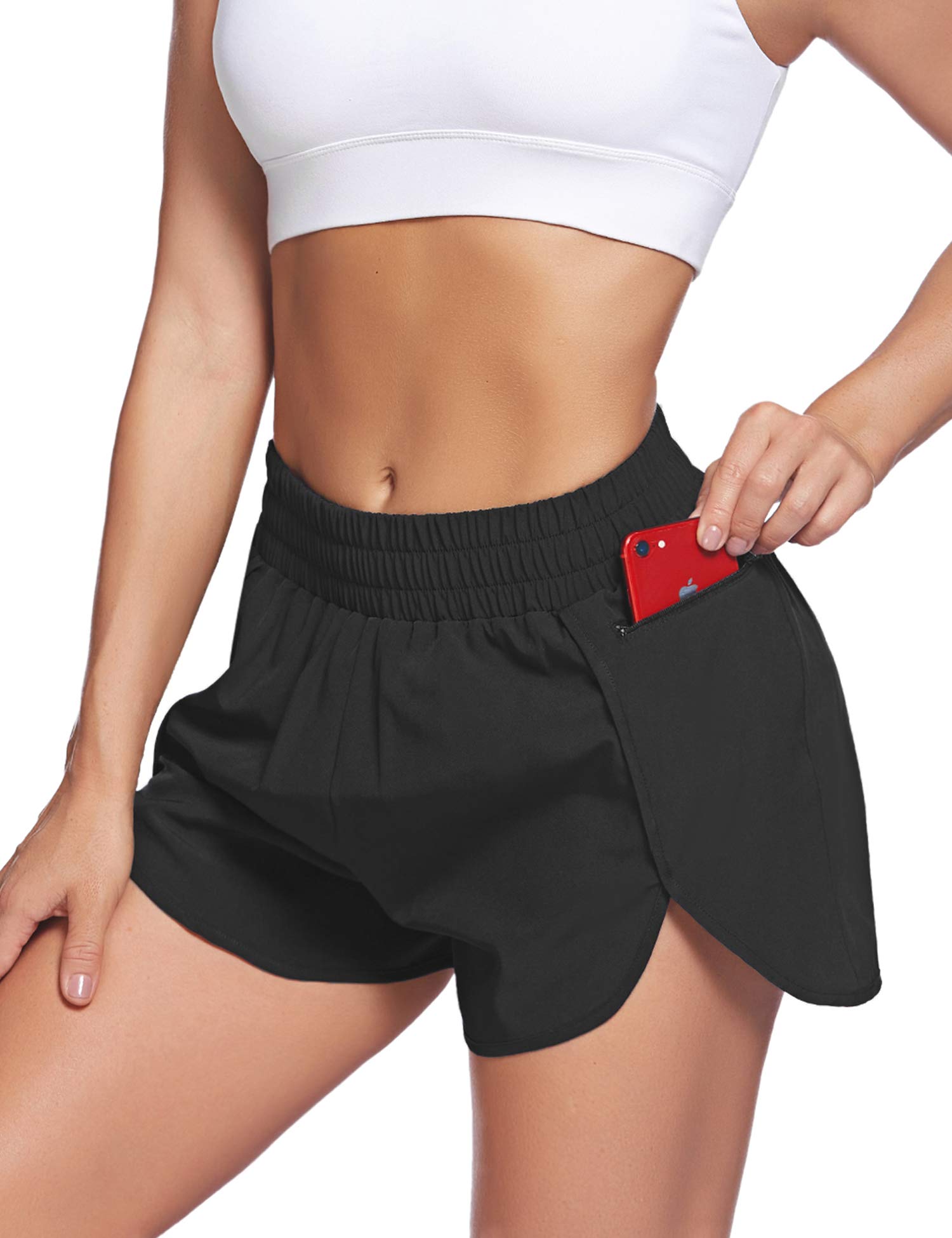 LaLaLa Womens Quick-Dry Athletic Shorts Sports Layer Elastic Waist Running Workout Shorts with Zip Pocket (M, Black)