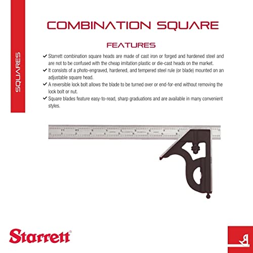 Starrett Steel Combination Square with Square Head - 12" Blade Length, Cast Iron Heads, Reversible Lock Bolt, Scriber, Spirit Level, 4R Graduation Type - 11H-12-4R