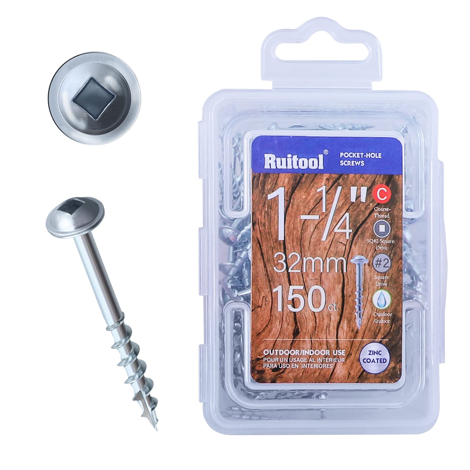 Ruitool Pocket Hole Screws #8 x 1-1/4" Square Drive Coarse-Thread Zinc Coated Self-Tapping Wood Screws 150ct. for Woodworking Tools…