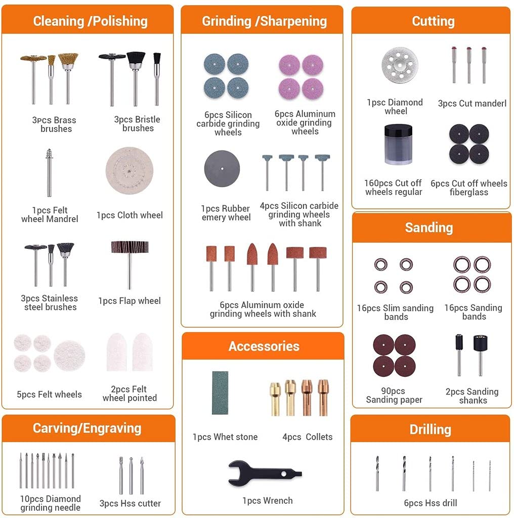 Rotary Tool Accessories Kit, ENGiNDOT 361 Pieces 1/8-Inch Diameter Shanks, Multifunctional Tools Universal Accessories for Easy Cutting, Grinding, Sanding, Carving, Polishing, Drilling