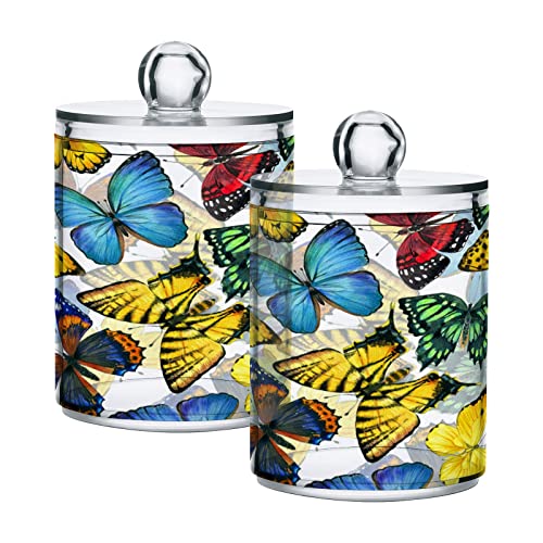 xigua 2 Pack Beautiful Butterfly Apothecary Jars with Lid, Qtip Holder Storage Containers for Cotton Ball, Swabs, Pads, Clear Plastic Canisters for Bathroom Vanity Organization (10 Oz)