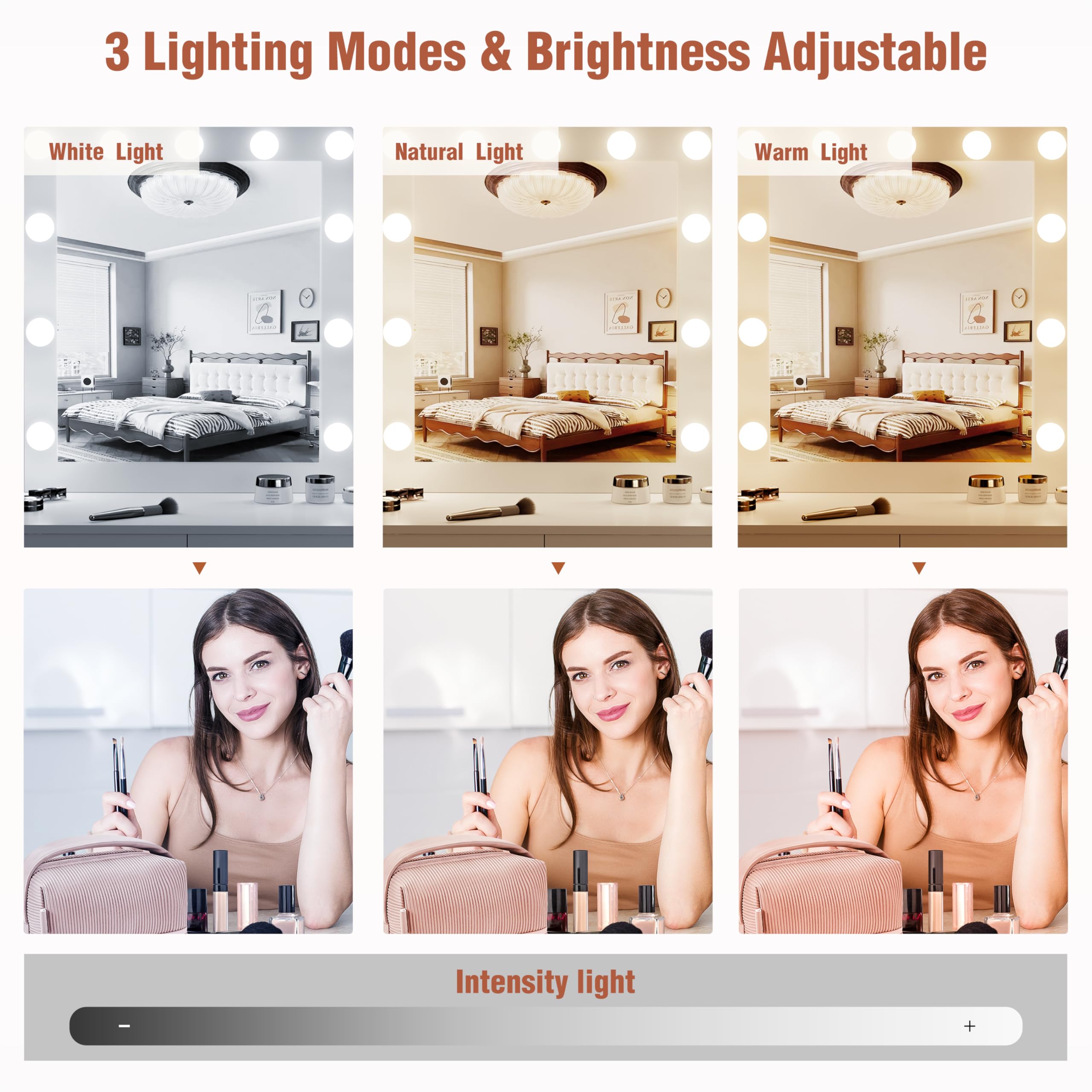 YIKEHOME Makeup Vanity Desk with Mirror and Lights, Makeup Table with 2 Large Drawers, 3 Color Modes Adjustable Bulb, Power Outlet and Round Holder, Dressing Table for Women Girls Bedroom