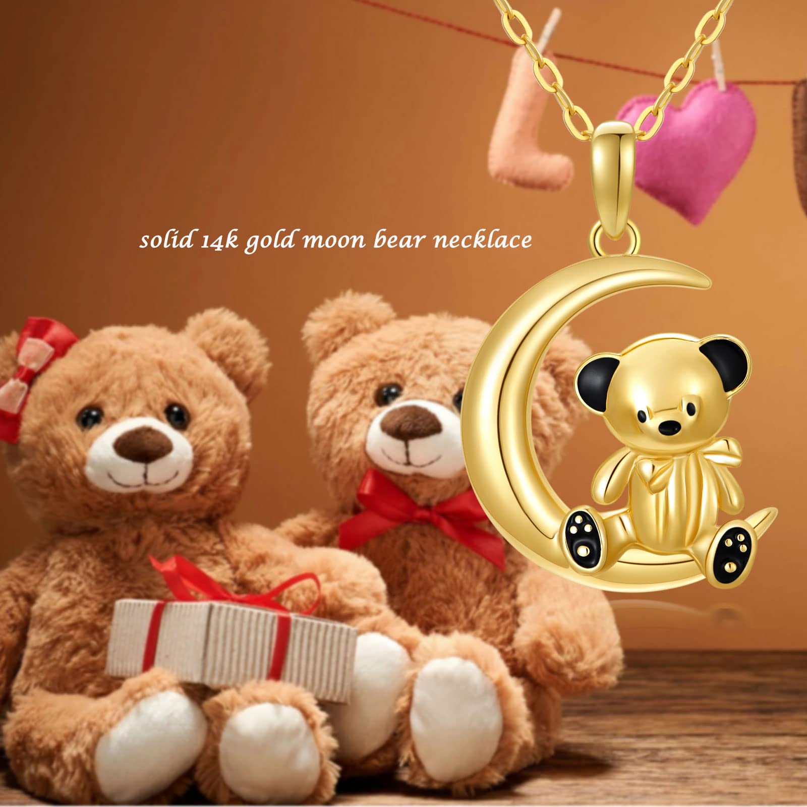 MRENITE Solid 14k Gold Moon Bear Necklace for Women Real Gold Cute Bear Pendant Jewelry Gift Birthday Gift for Her