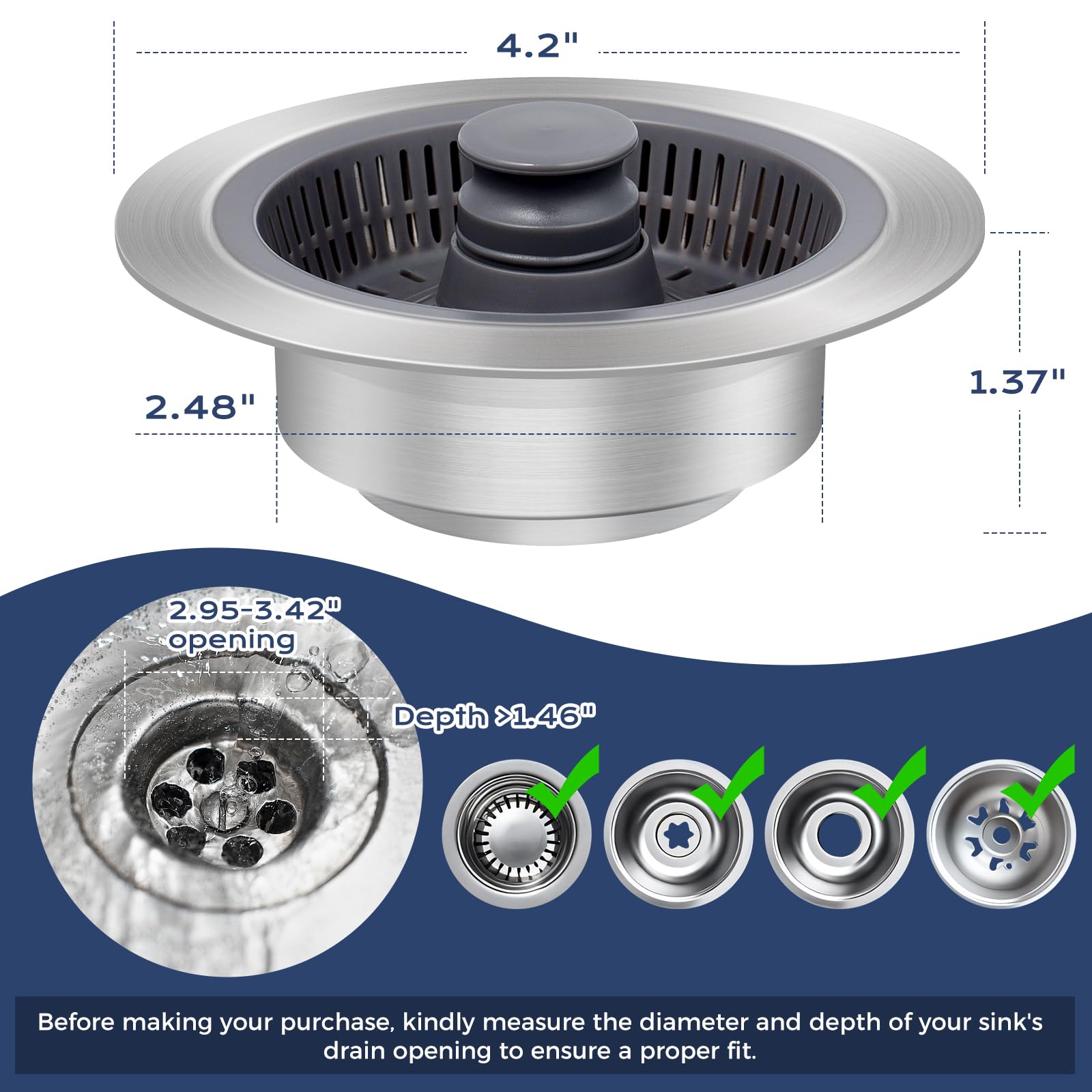 WRISIN 3 in 1 Kitchen Sink Drain Strainer and Stopper, 304 Stainless Steel Sink Stopper, Kitchen Sink Bounce Core Drain Strainer Basket-Design for Quick and Easy Food Catching and Waste Management