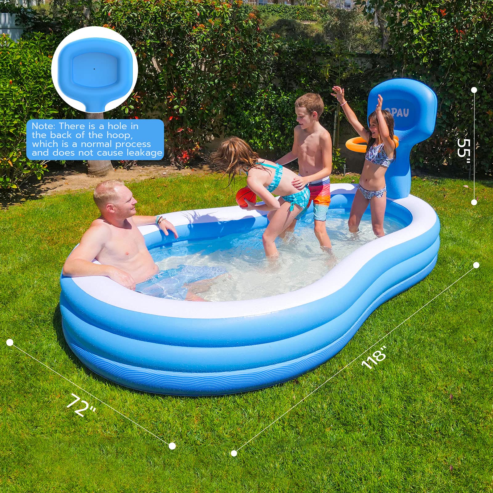 QPAU Inflatable Swimming Pool, Blow Up Pool,Inflatable Pool with Basketball Hoop Family Pool for Kids, Adults, Outdoor, Backyard, Pool Party