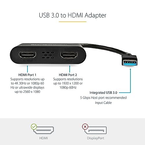 StarTech.com USB 3.0 to Dual HDMI Adapter - 1x 4K 30Hz & 1x 1080p - External Video & Graphics Card - USB Type-A to HDMI Dual Monitor Display Adapter - Supports Windows Only - Black (USB32HD2)