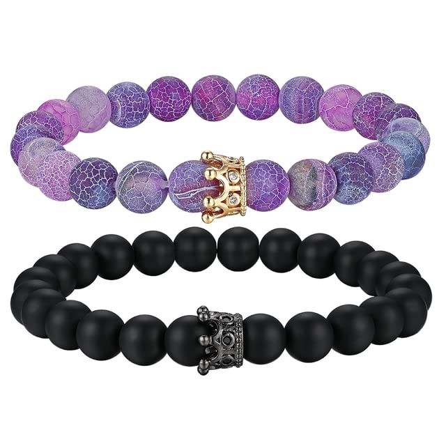 LONGLITTER Couple Beaded Bracelets Bangles Set Black Matte Agate & White Howlite Natural Stone Crown Queen Bracelet - E