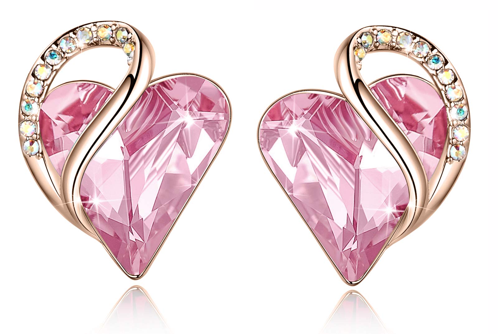 Leafael 18K Rose Gold Plated Love Heart Stud Earrings with Rose Quartz Pink Healing Stone Crystal for Romatic Love, Jewelry Gifts for Women