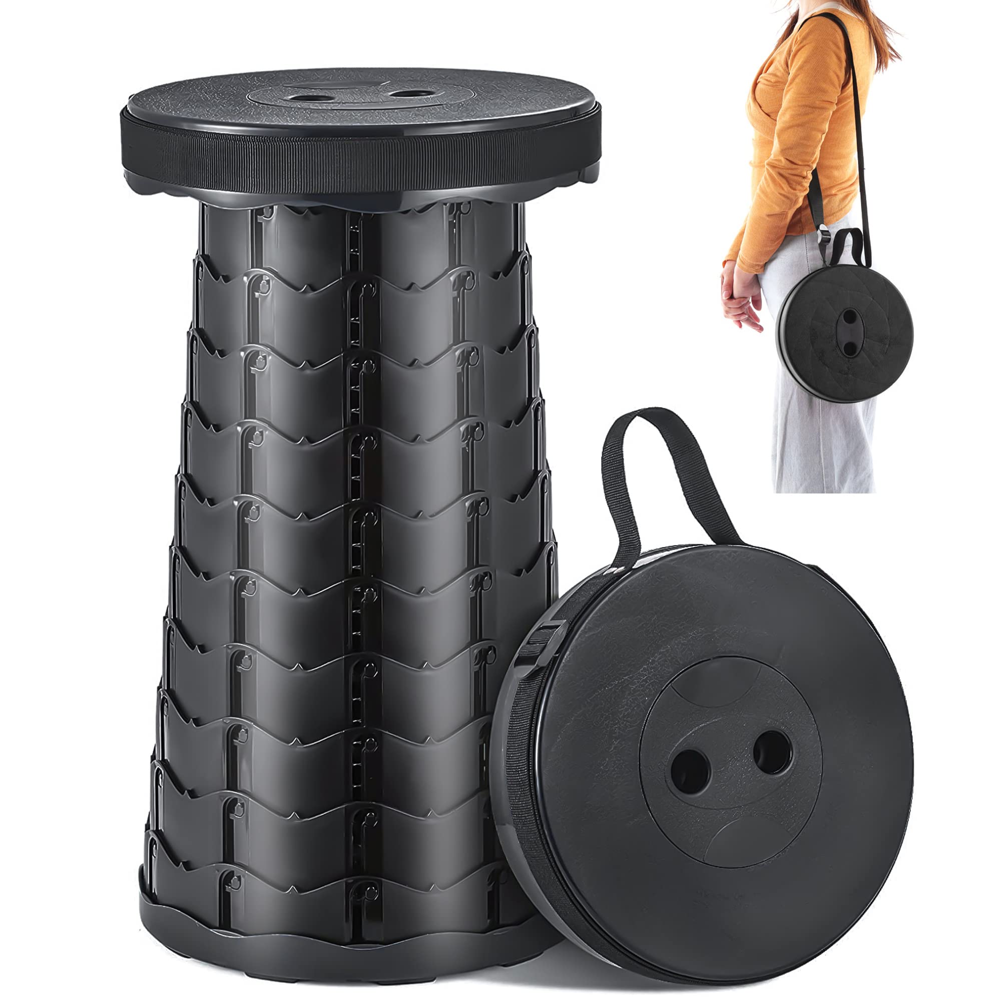 LOOVIU Portable Telescoping Stool, Camping Retractable Folding Stool with Carry Strap, Adjustable Height Plastic Stools for Fishing Hiking BBQ Outdoor (Red+Black), Black+red
