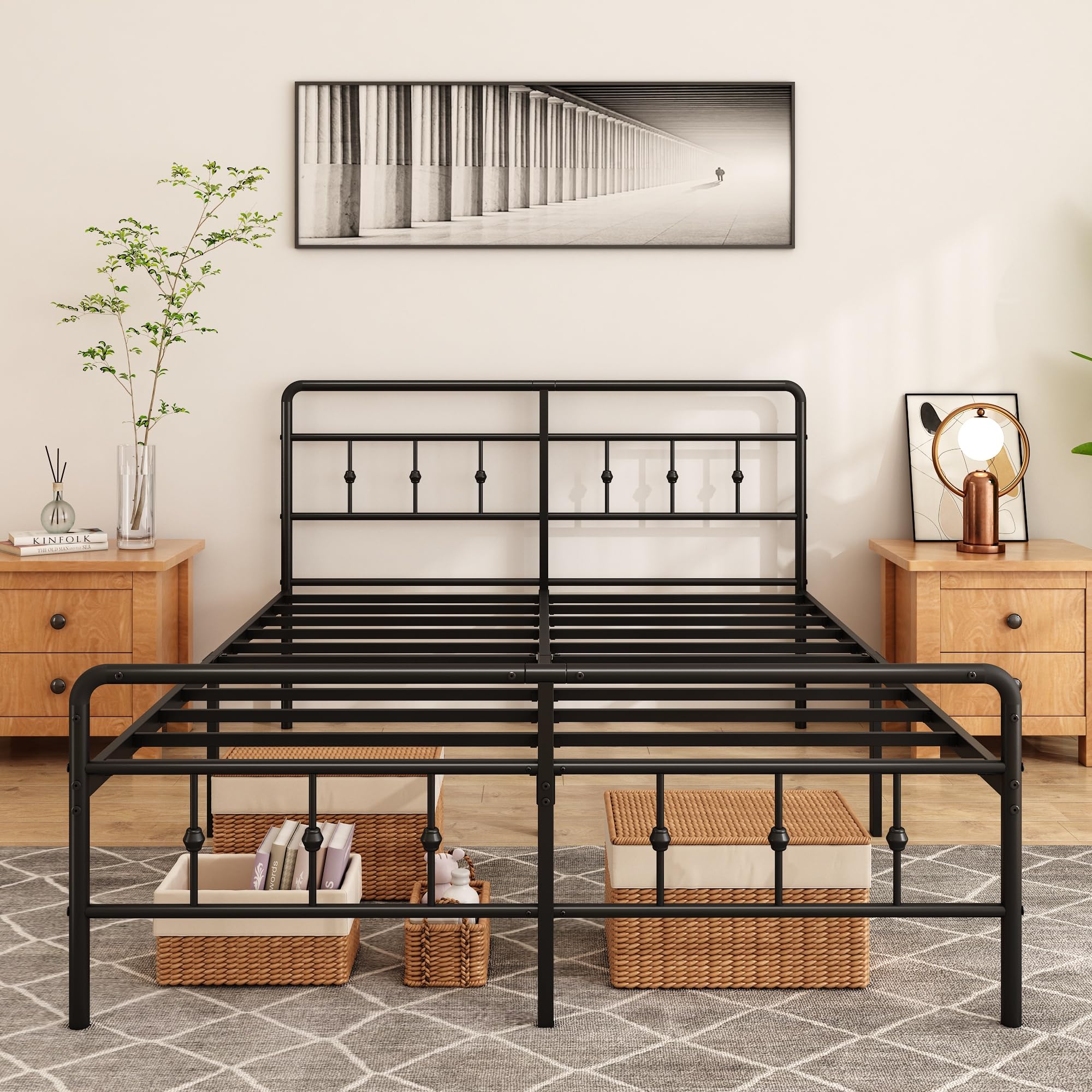 HOBINCHE Queen Size Metal Bed Frame with Headboard and Footboard, 14 Inch Black Heavy Duty Mattress Foundation with Steel Slat Support, No Box Spring Needed, Noise Free