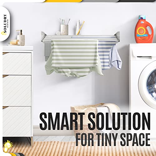 SOLUDRY Clothes Drying Rack Wall Mounted - 3-in-1 w/Shelf & Hanger Slots - Collapsible, Space Saving, Laundry Rack -Easy to Install Load Bearing 55 lb Drying Capacity - 31.5β Length x 5.9β Deep, White