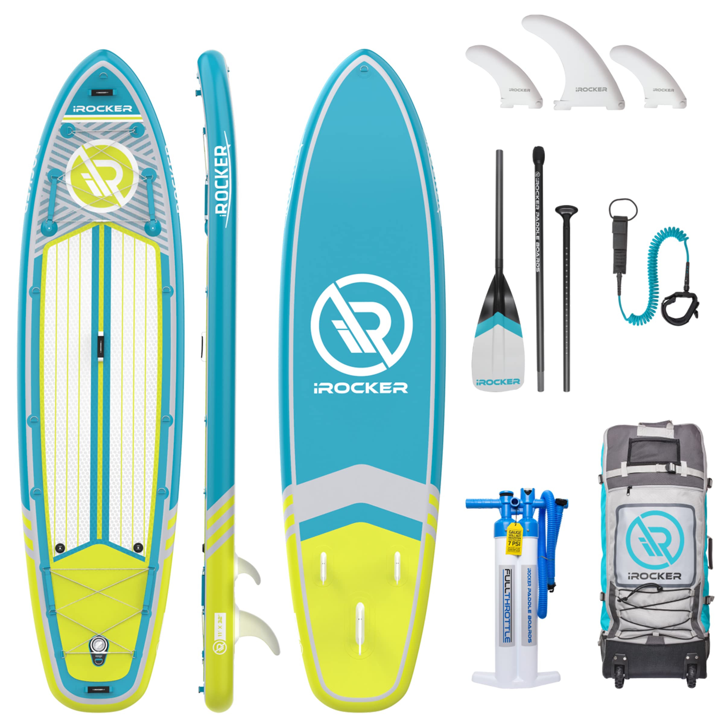 iROCKER All-Around Inflatable Stand Up Paddle Board, Extremely Stable 11' Long x 32" Wide x 6" Thick Premium SUP with Roller Bag, Carbon Paddle, Pump, Leash, Fins & Repair Kit, Orange
