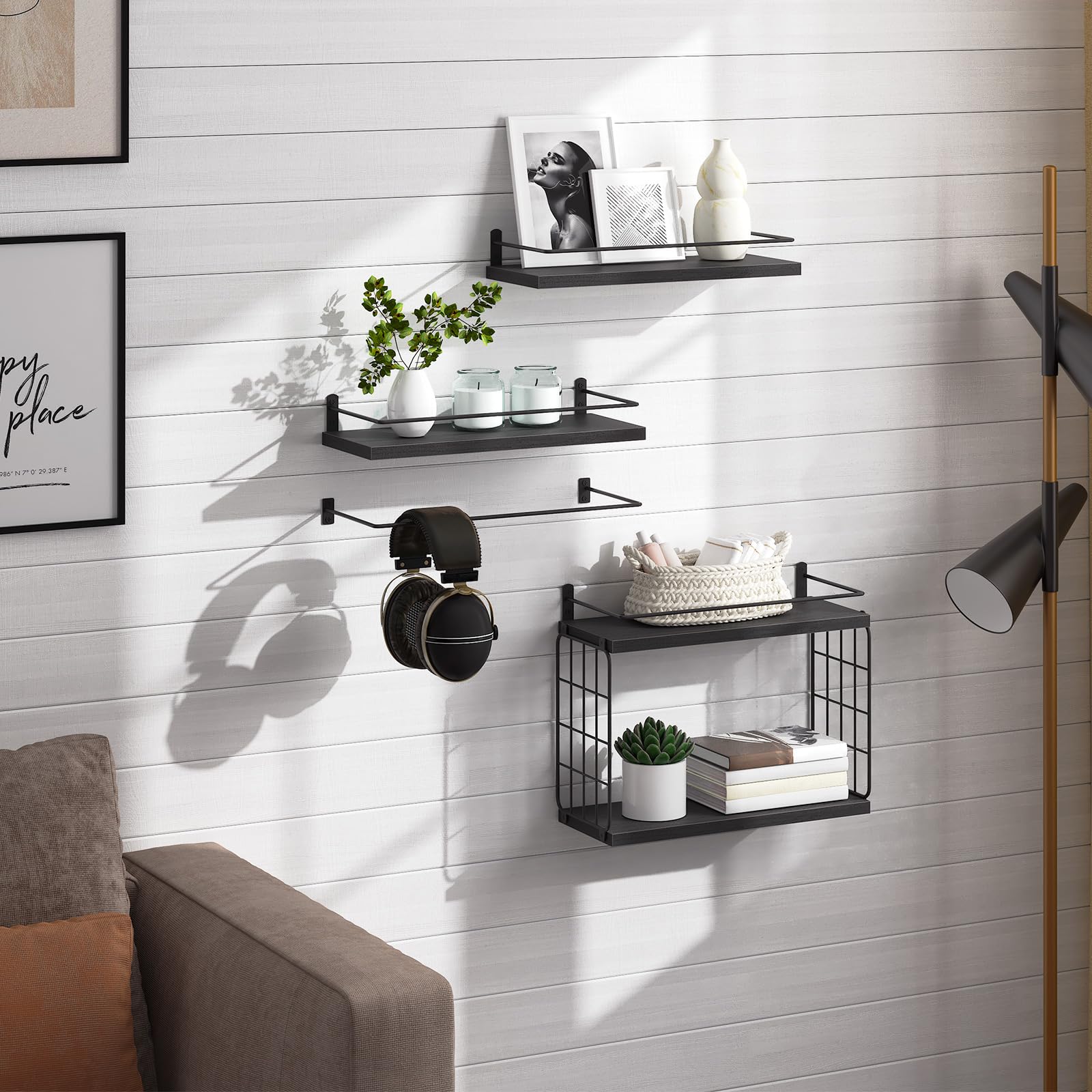 HOOBRO 4+1 Tier Floating Shelves, Bathroom Shelves Over Toilet with Wire Storage Basket, Wall Mounted Floating Shelf Organizer, Rustic Brown BF30BJ01
