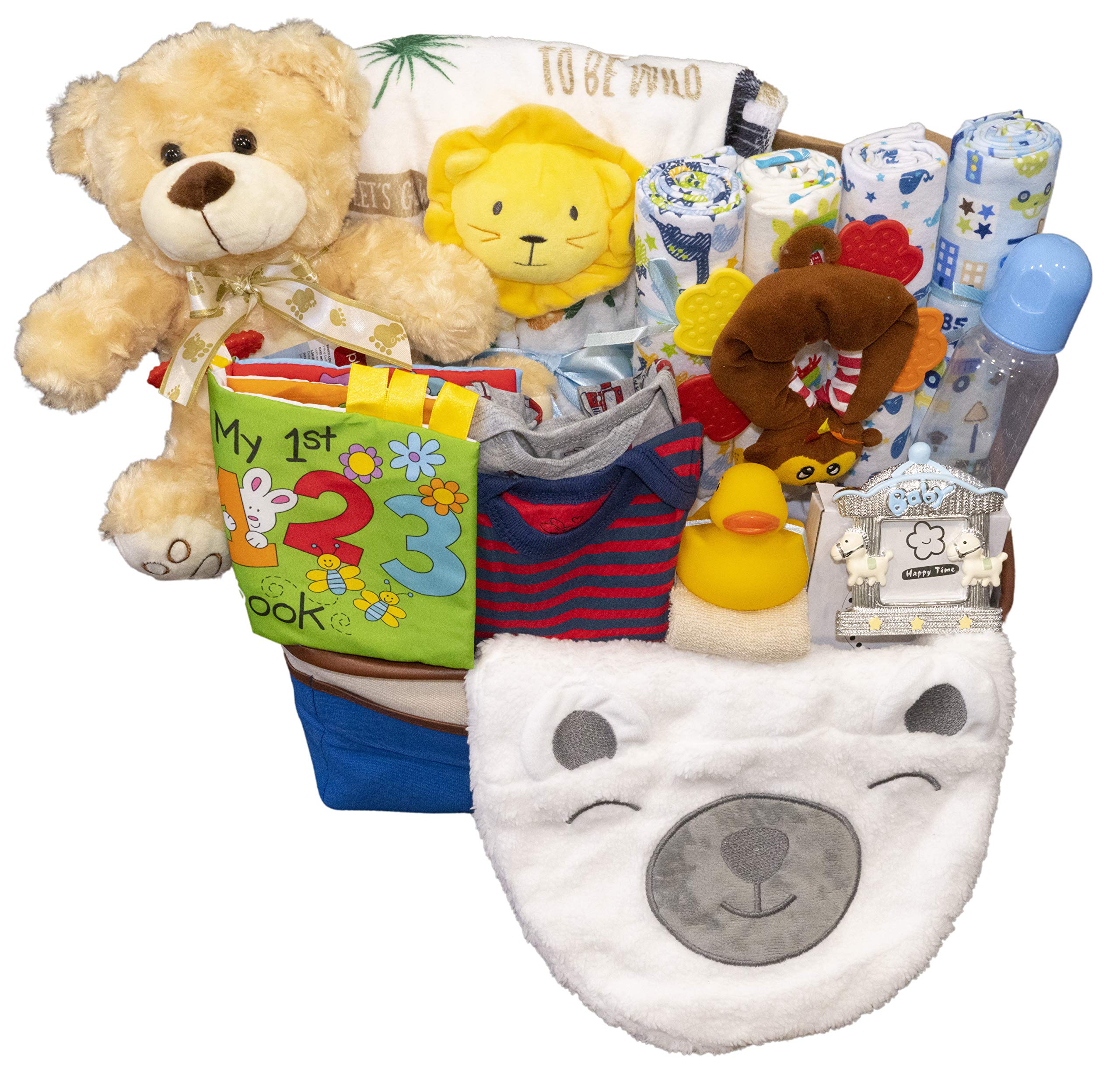 Joyful Arrival Deluxe Baby Boy Gift Set - Diaper Organizer, Baby Clothes & Much More