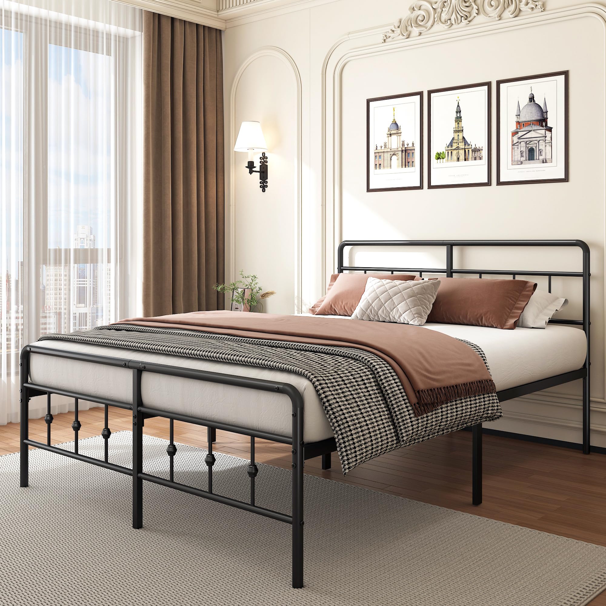 HOBINCHE Queen Size Metal Bed Frame with Headboard and Footboard, 14 Inch Black Heavy Duty Mattress Foundation with Steel Slat Support, No Box Spring Needed, Noise Free