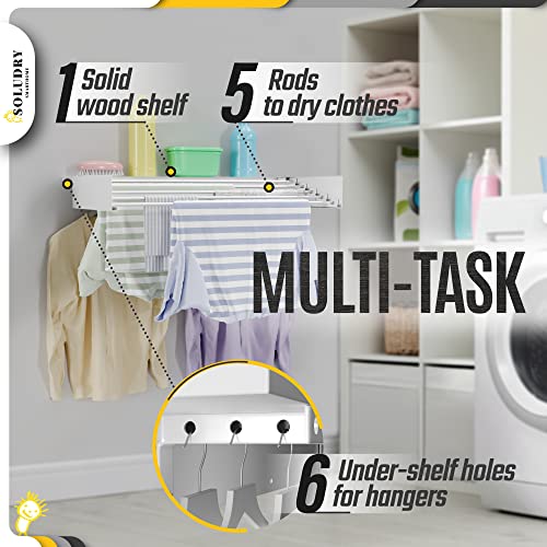 SOLUDRY Clothes Drying Rack Wall Mounted - 3-in-1 w/Shelf & Hanger Slots - Collapsible, Space Saving, Laundry Rack -Easy to Install Load Bearing 55 lb Drying Capacity - 31.5β Length x 5.9β Deep, White