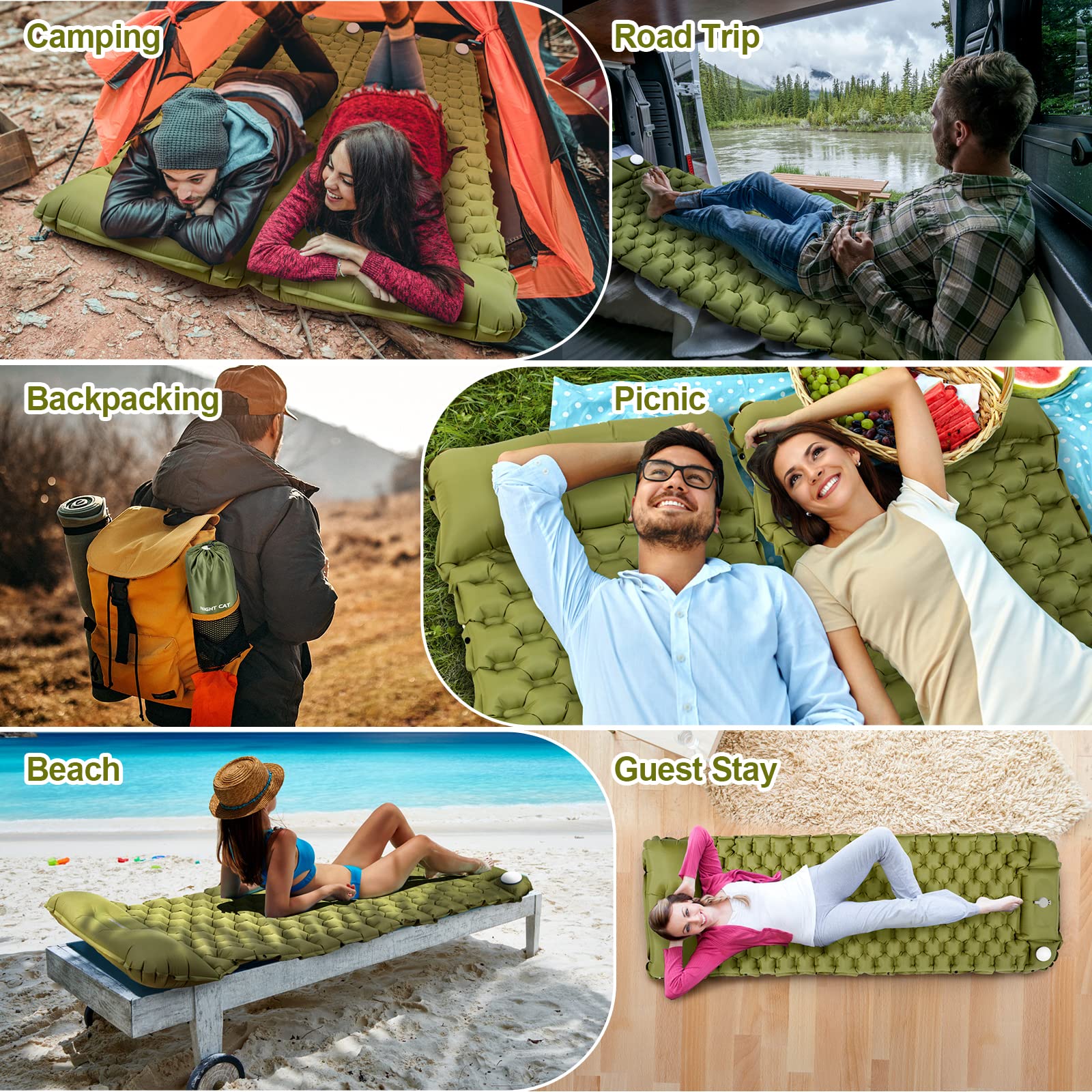Night Cat Backpacking Tent with 2 Pack Inflatable Sleeping Pad Lightweight Waterproof Portable Easy Setup Outdoors for 2 Persons