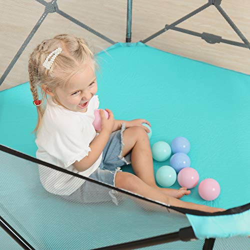 Minnebaby Hexagon Playpen Mat Compatible with Graco Traveler Playard & Regalo Play Yard, Self Inflating Playard Pad, Comfortable and Portable Playmat with Carrying Bag - Blue
