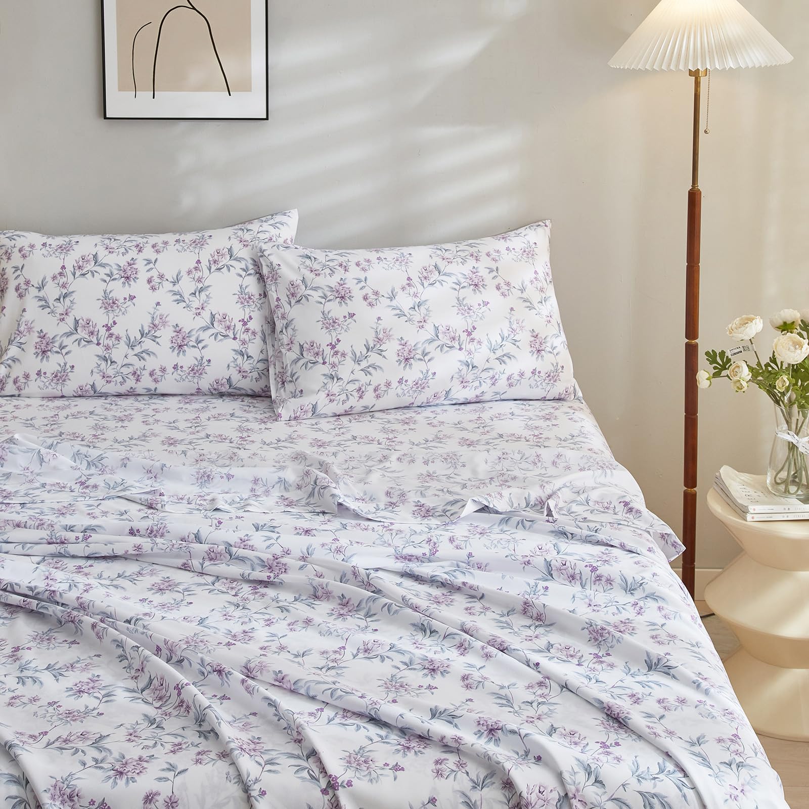 VClife Modern Girl Floral Printed Sheets Cooling Soft Washed Microfiber Pink Green Floral Branches King Size Bed Sheets 16" Extra Deep Pocket Design Bedding Sets - Shrink Resistant, Skin-Friendly