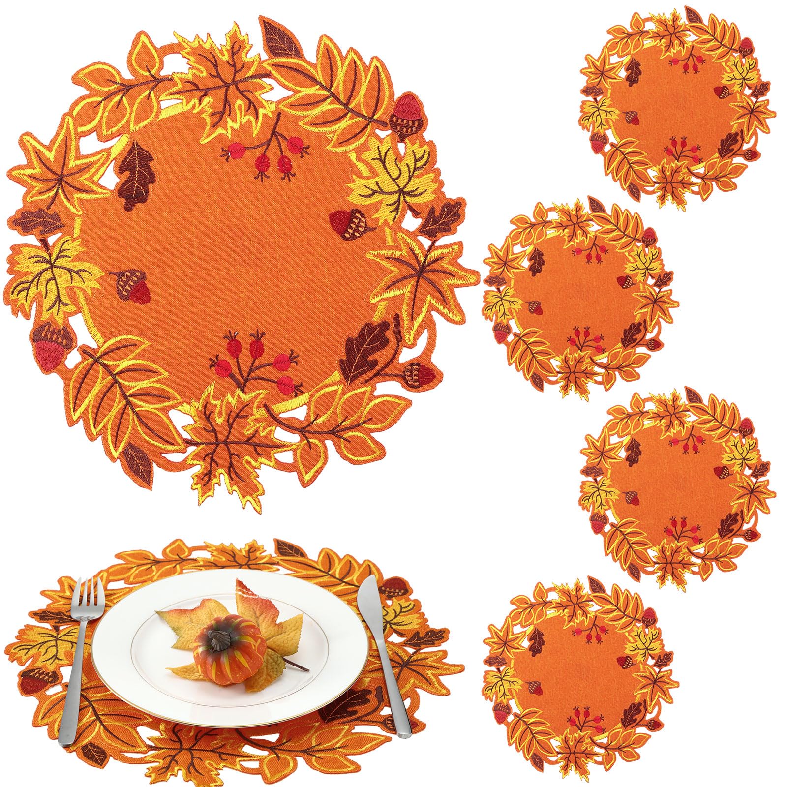 Yingzhao 6 Pcs Fall Placemat Thanksgiving Autumn Harvest Placemats Embroidered Maple Leaves Double Layer Table Mats Cutwork for Home Kitchen Dining Table Holiday Party Decoration