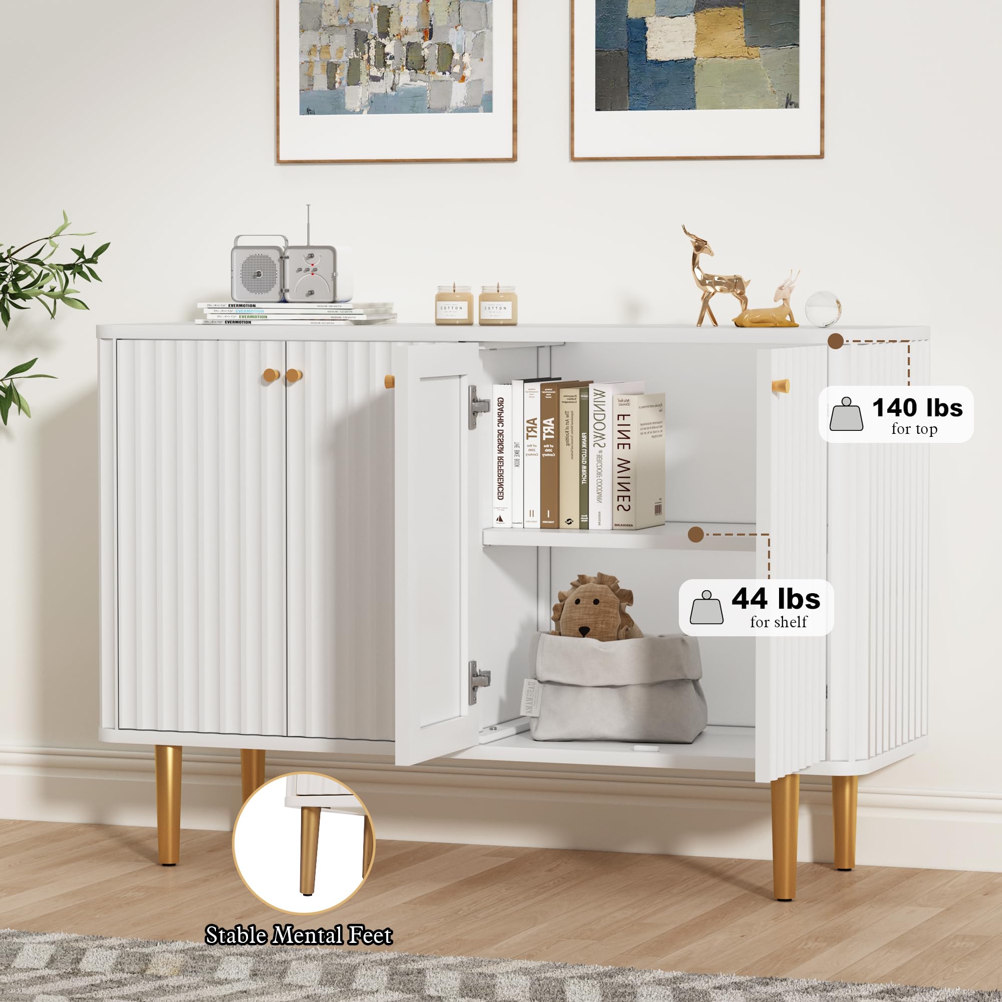HLR Sideboard Buffet Cabinet, 48" Modern Accent Cabinet with 4 Door and Removable Shelves, Credenza Entryway Cabinet with Storage for Living Room, Dinning Room, Ivory White