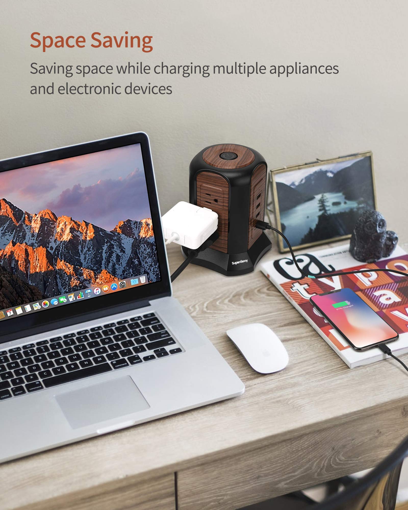 SUPERDANNY USB Surge Protector with 9 AC 4 USB Ports 9.8ft Multiple Electrical Outlet Extender for Home Office Dorm, Black/Wood Grain