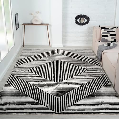Indigo Ink - Washable Area Rug, Stain Resistant, Easy to Clean, Black/White Geometric Boho Decor, Dorm Room Essentials, for Living Room, Bedroom, Office (6' x 9', Panther Collection)