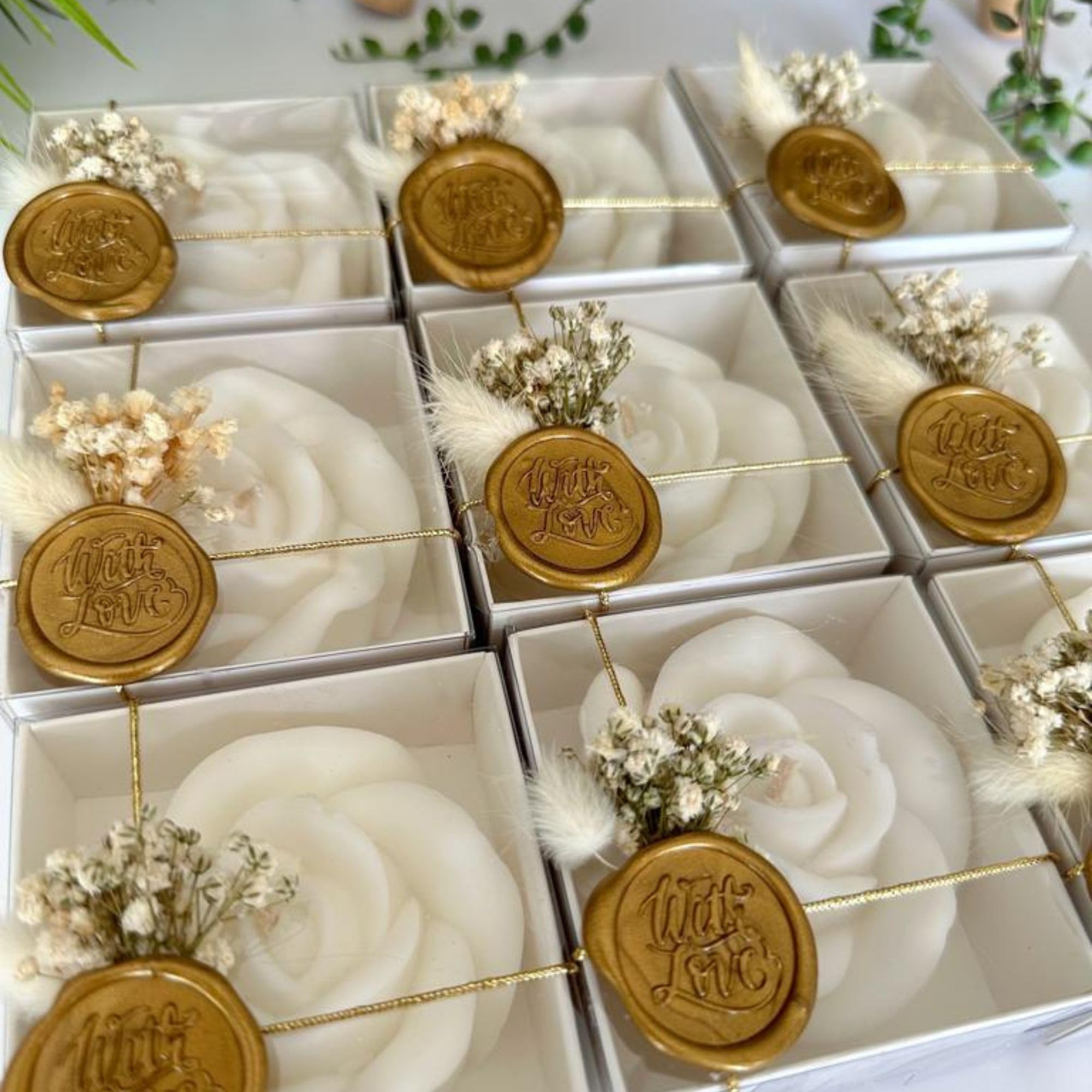 White Rose Petal Soy Wax Candles in Bulk - Scented Wedding Favor, Bridal Shower Baby Shower Birthday Gift - Dried Flower, Wax Stamp (10 Pieces)