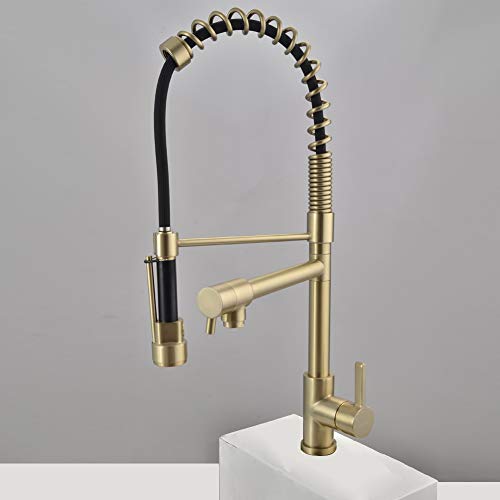 SHAMANDA Commercial Pre-Rinse Kitchen Faucet, High Arc Kitchen Sink Faucet with Pull Down Spring Spout and Pot Filler, Brushed Gold, L40001-3