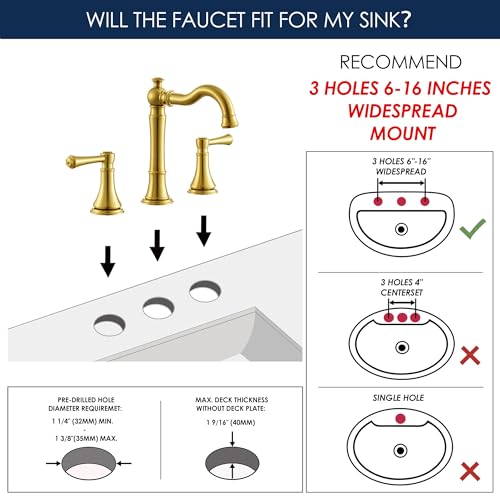 Roffenny Brushed Gold Bathroom Faucet 3 Hole, 8 inch Widespread Bathroom Sink Faucets Brushed Gold with Pop-up Drain Assembly, Traditional Two Handle Bath Vanity Faucet, 8" Spread Bathroom Faucets