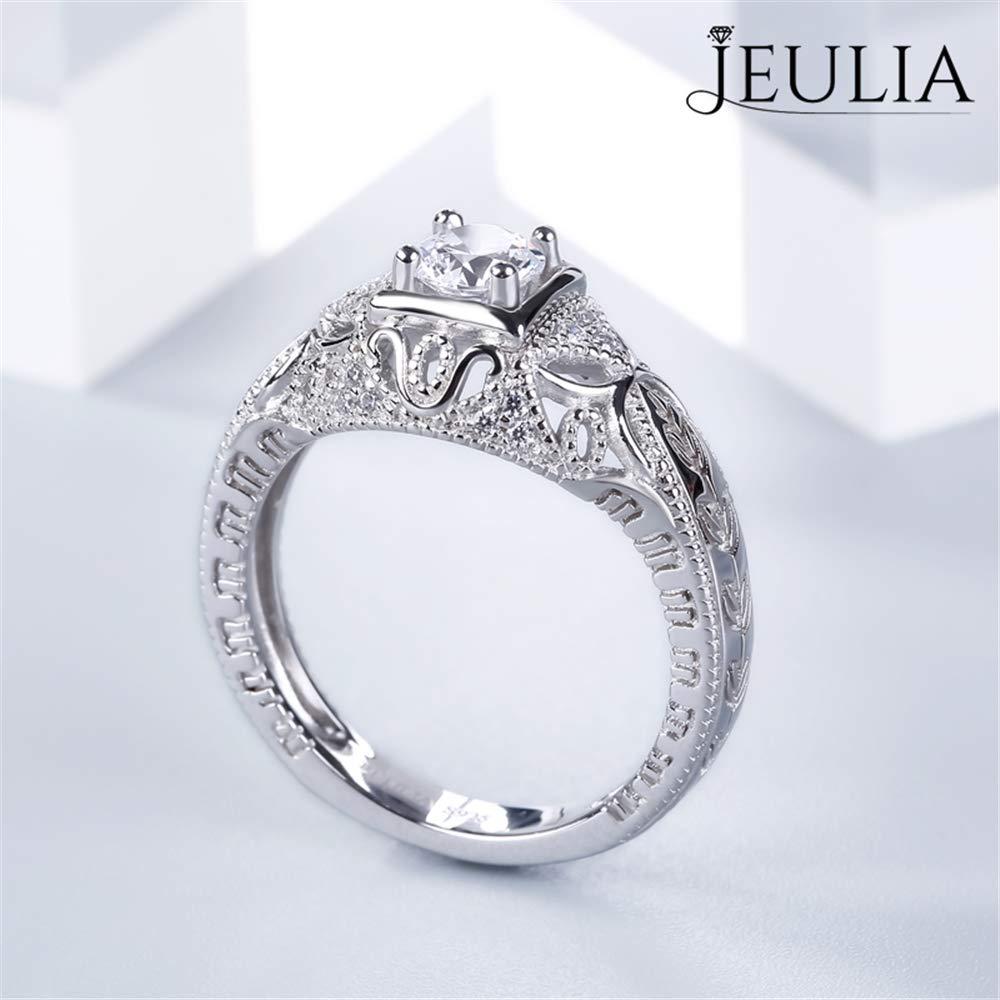 Jeulia Vintage Rings 925 Sterling Silver Round Cut Solitair Diamond Ring Wedding Engagement Statement Ring Band Anniversary Promise Bridal Set with Gift Box (Silver, 7)