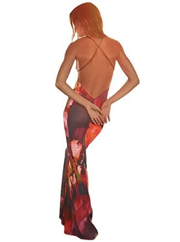 XPONNI Backless Spaghetti Strap Maxi Dresses for Women, Red Satin Tie Dye Bodycon Dress Y2k, Sexy Party Dress with Lace Strap (Medium,Medium)