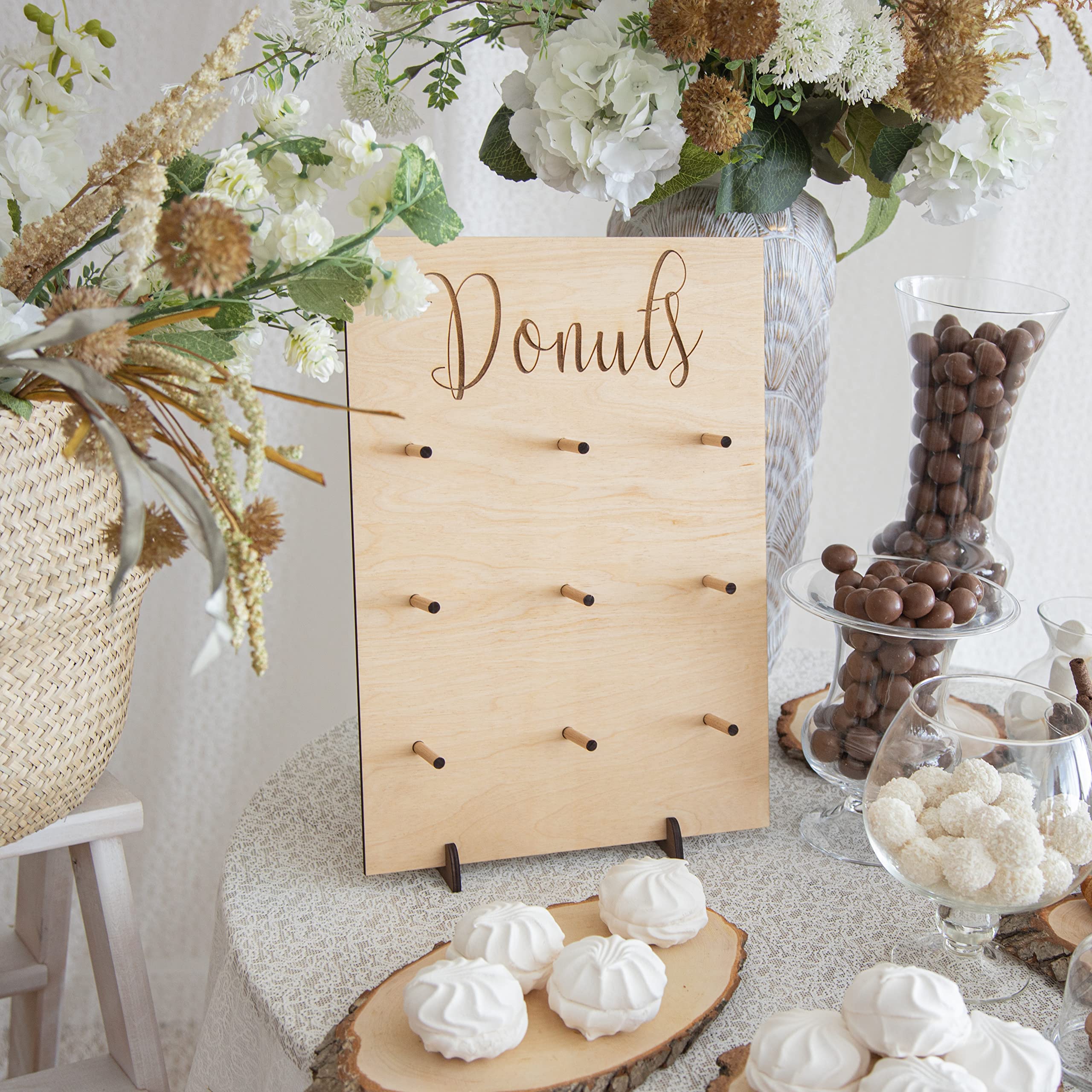 Rustic wall doughnut stand, peg board, fall wedding party decorations, minimalist wooden themed birthday table decor, baby shower, candy bar 3ั
3 pegs